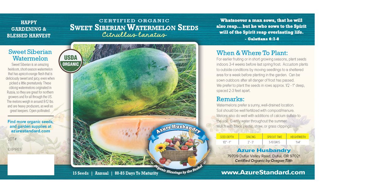 Azure Husbandry Sweet Siberian Watermelon Seed, Organic - Azure Standard