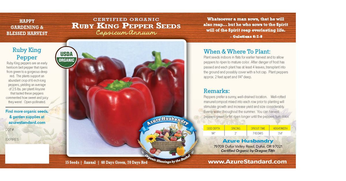 Azure Husbandry Ruby King Pepper Seed, Organic - Azure Standard