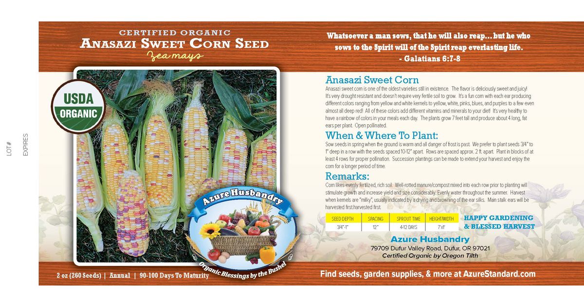 Azure Husbandry Anasazi Sweet Corn Seed, Organic - Azure Standard