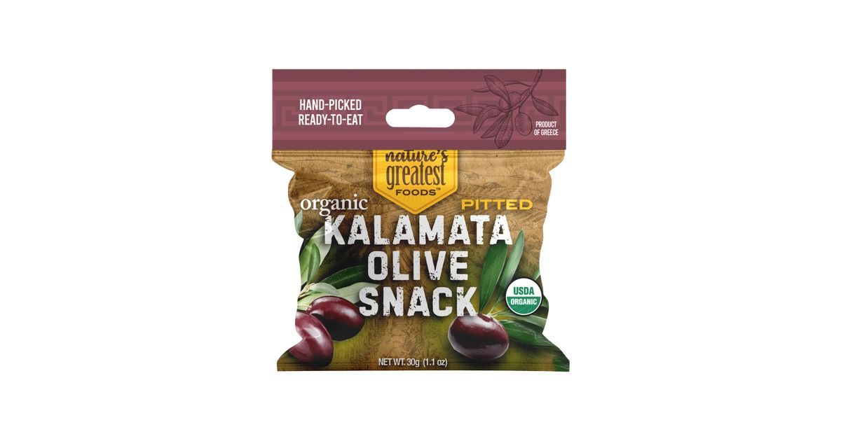 Nature's Greatest Foods Kalamata Olive Snack, Pitted, Organic - Azure ...