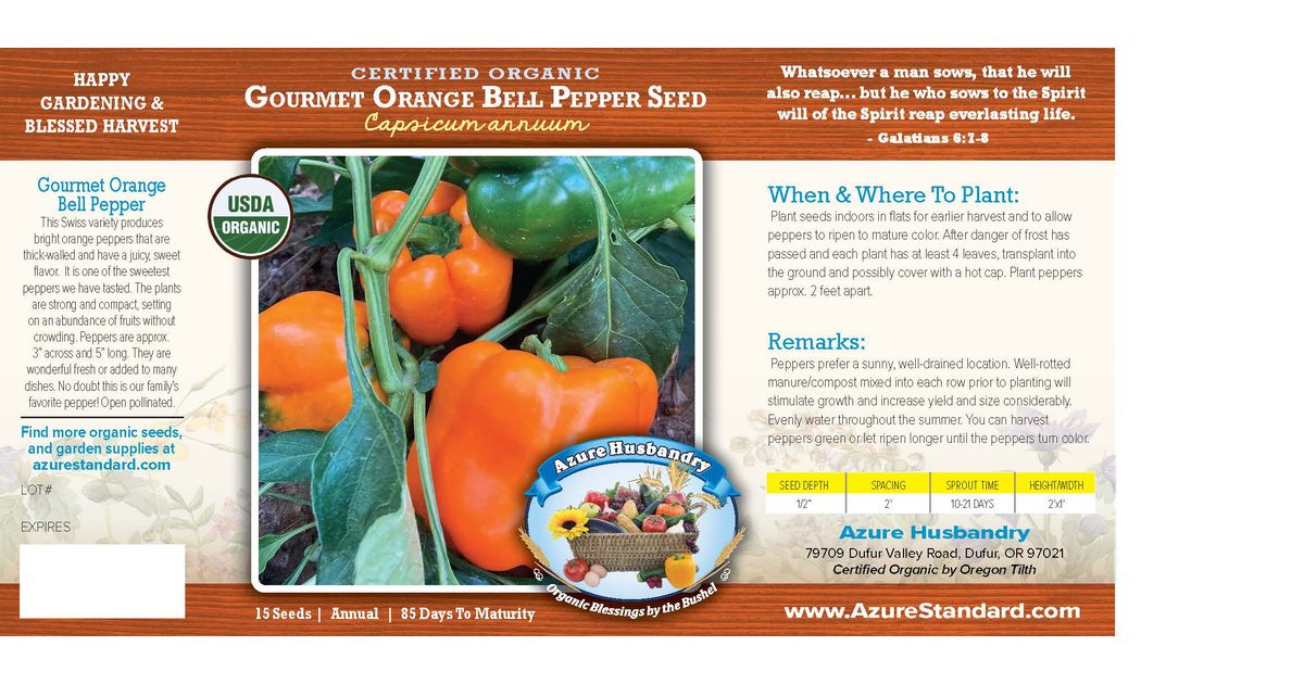 Azure Husbandry Gourmet Orange Bell Pepper Seed, Organic - Azure Standard