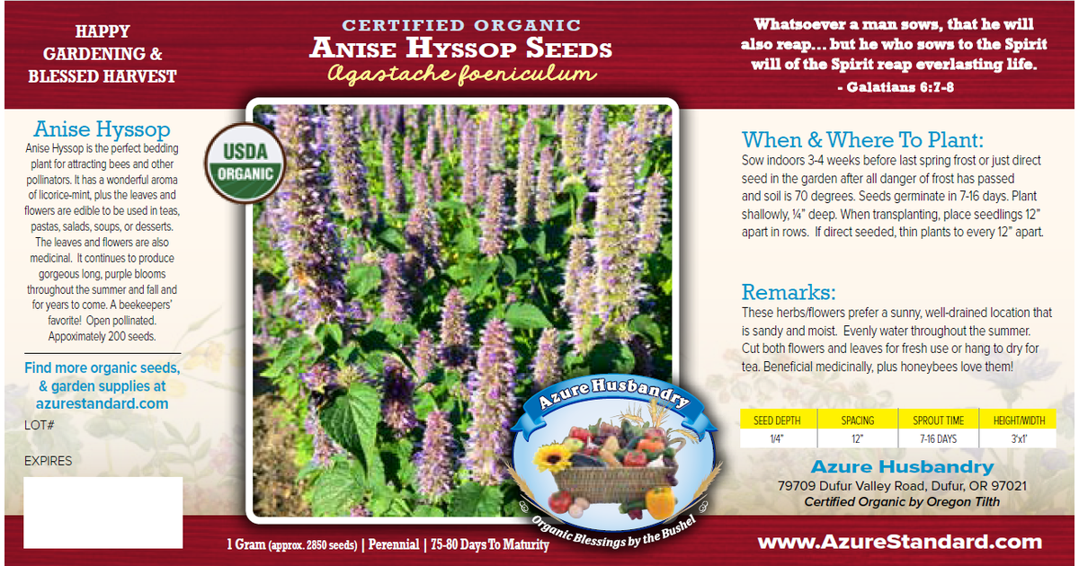 Azure Husbandry Anise Hyssop Seed, Organic - Azure Standard