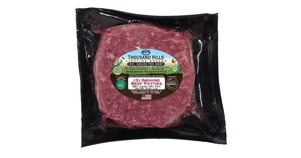Thousand Hills Ground Beef, Patties, 85/15, Grass-Fed, Frozen - Azure ...