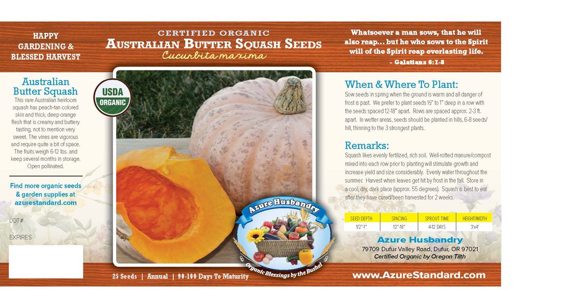 Azure Husbandry Australian Butter Squash Seed, Organic - Azure Standard