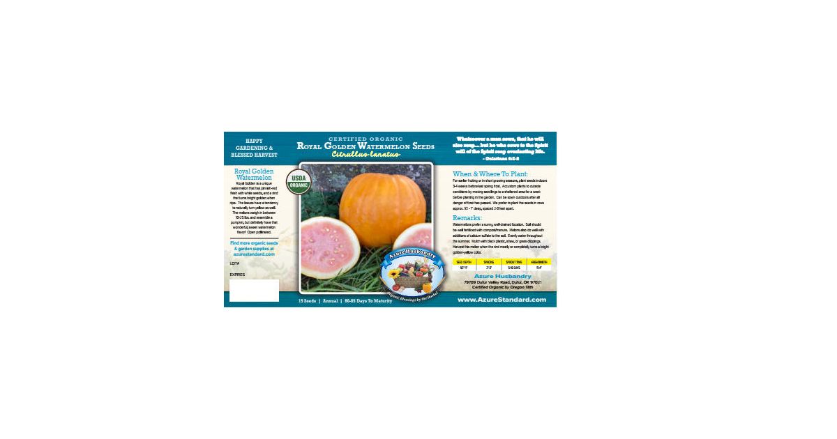 Azure Husbandry Royal Golden Watermelon Seed, Organic - Azure Standard