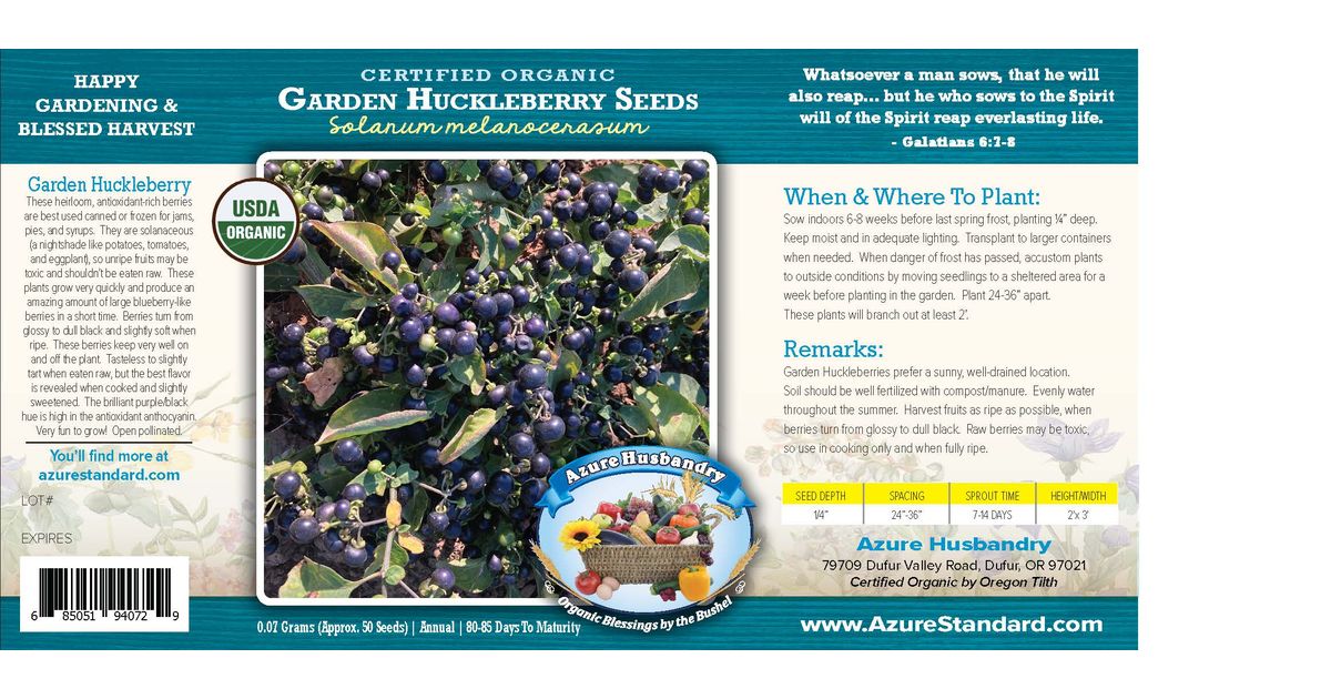 Azure Husbandry Garden Huckleberry Seed, Organic - Azure Standard