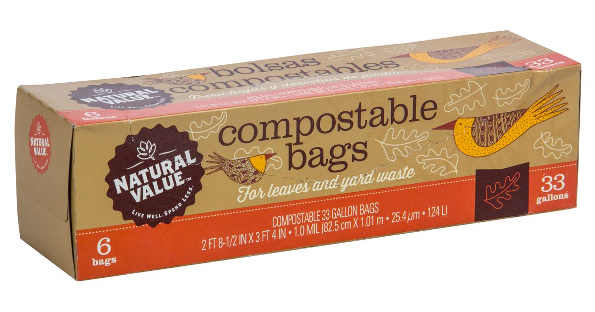 Natural Value Leaves & Yard Waste Bags, 100% Compostable, 33 Gallon ...