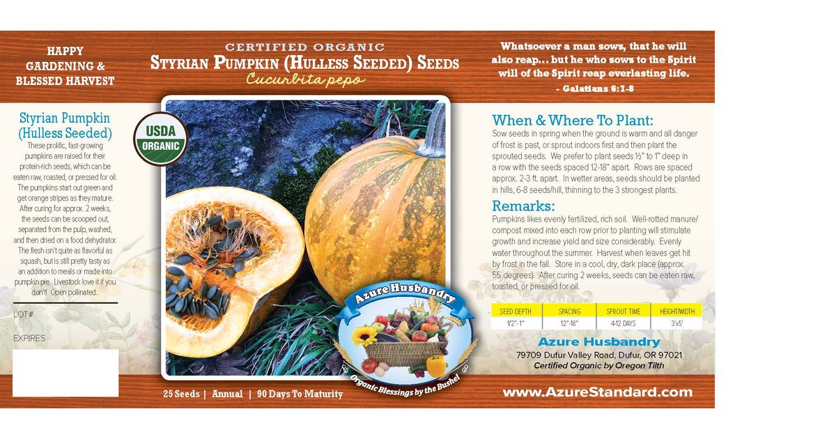 Azure Husbandry Styrian Pumpkin (Hulless Seeded) Seed, Organic - Azure ...