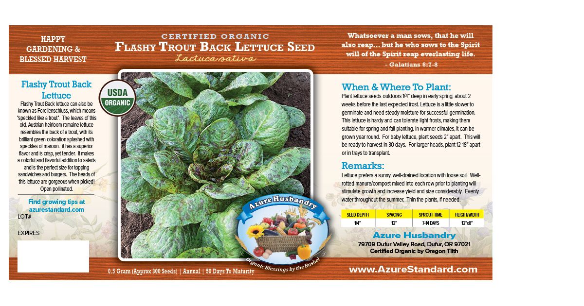 Azure Husbandry Flashy Trout Back Lettuce Seed, Organic - Azure Standard