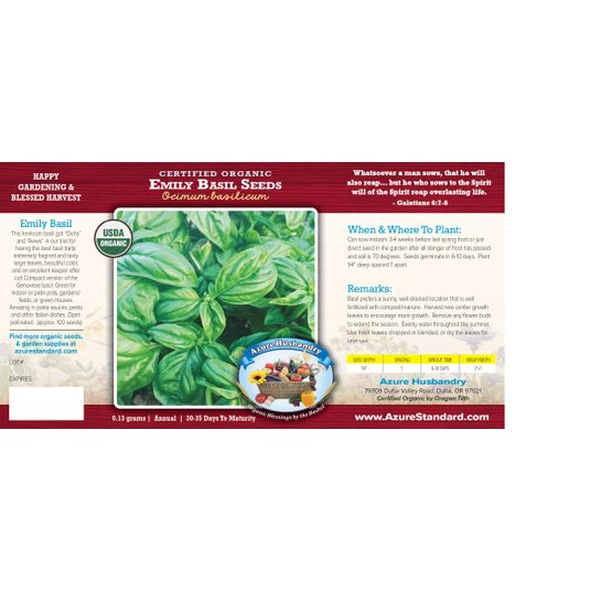 Azure Husbandry Emily Basil Seed, Organic - Azure Standard